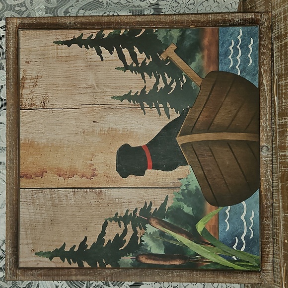 Art | Nwt Rustic Black Labrador Puppy Dog Canoeing Wooden Picture Sign ...